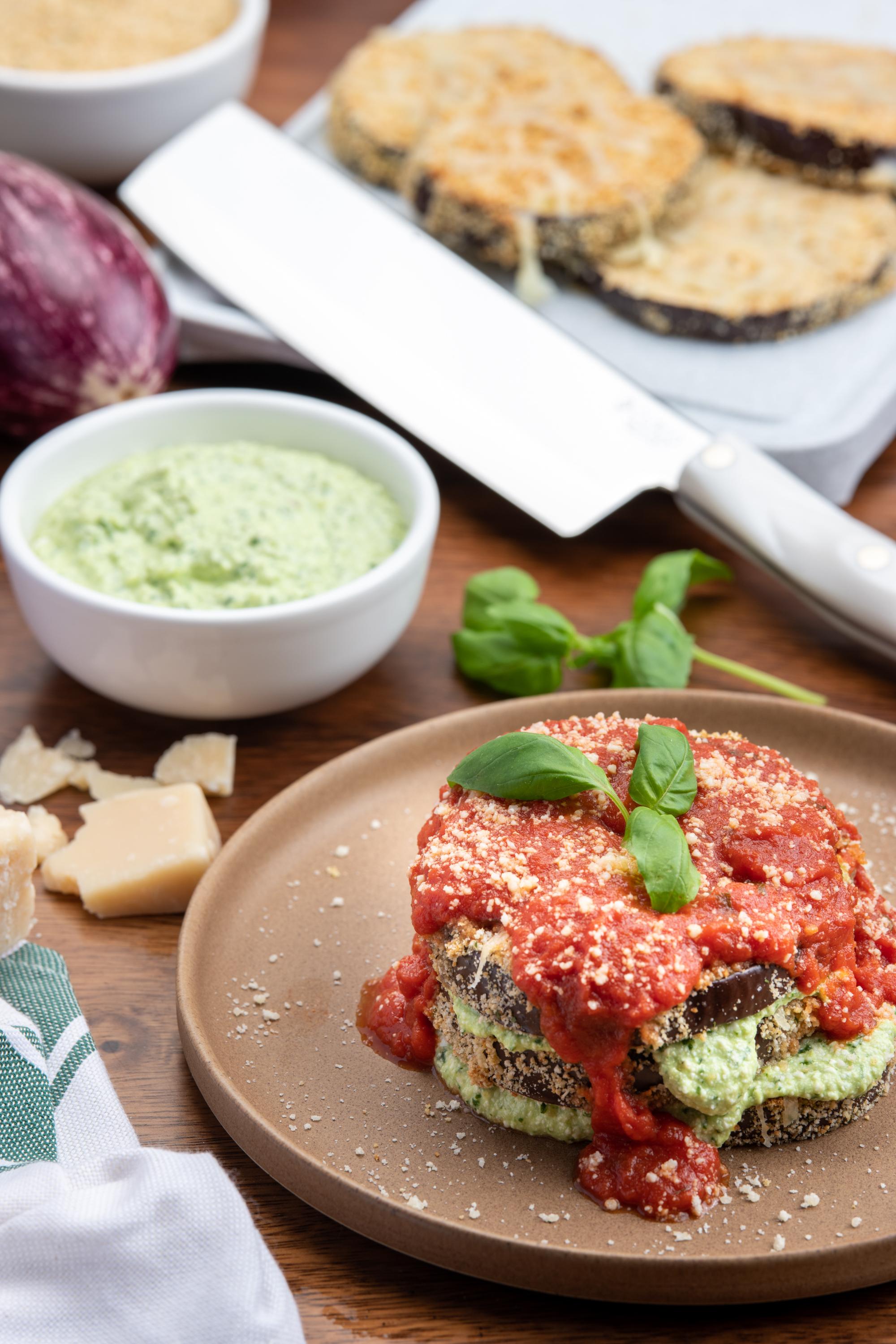 Baked Eggplant Parmigiano Stacks with Basil Spinach Cream